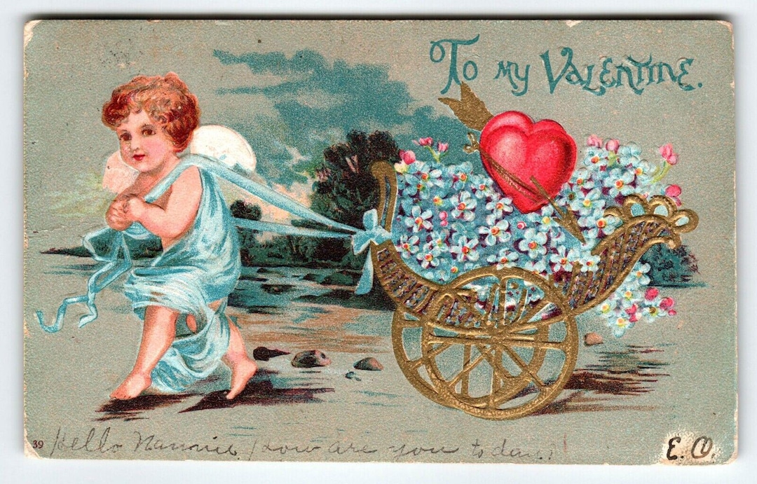 Antique Embossed Postcard to My Valentine Cupid Pulls Heart Flower Cart ...