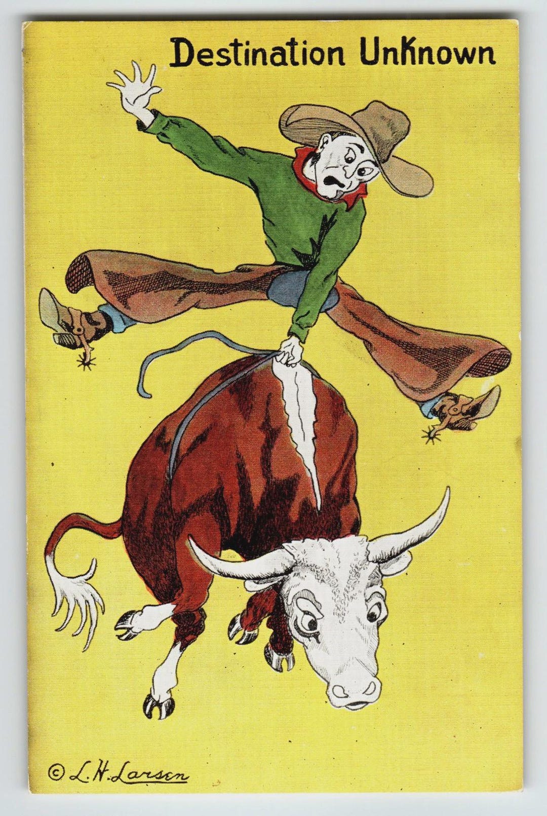 Vintage 1940s L.H. Larsen Cowboy Cartoon Linen Postcard Destination ...
