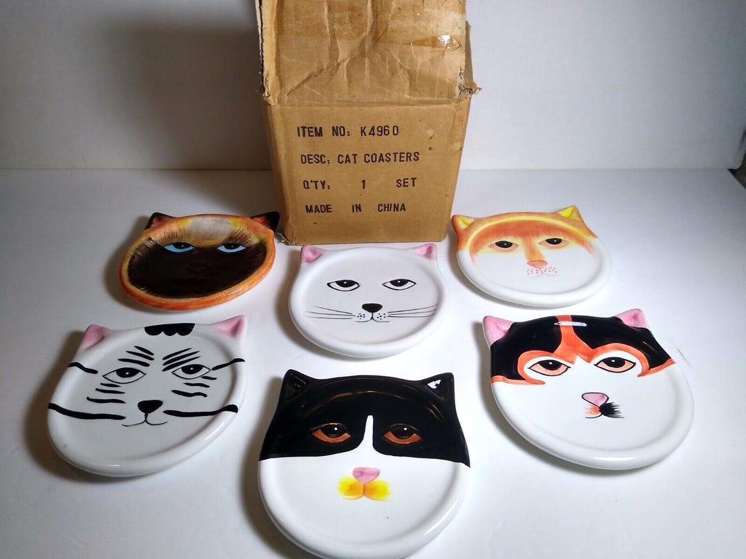 Lot of 6 Cat Face Ceramic Drink Coasters Bandwagon 2001 Kitsch Home ...