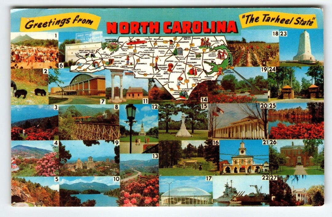 Greetings From North Carolina Map Postcard State Postcard Dexter Chrome ...