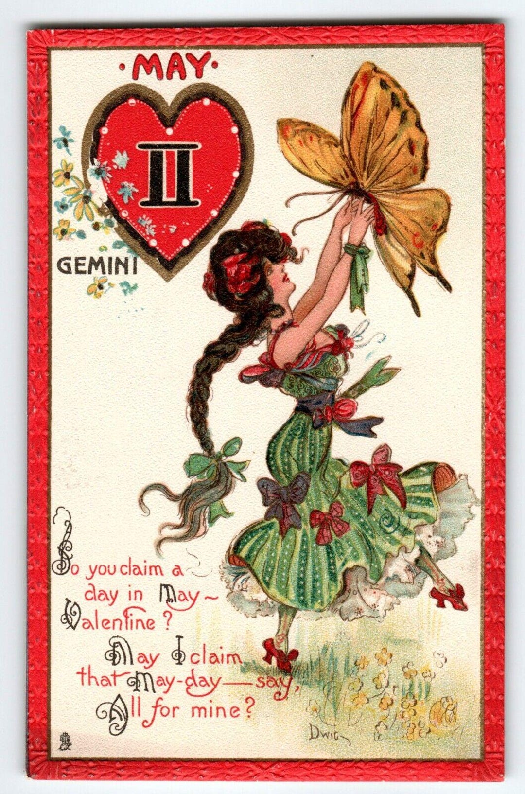 Tuck Postcard Dwig Gemini Fancy Fashion Lady Butterfly Zodiac May ...