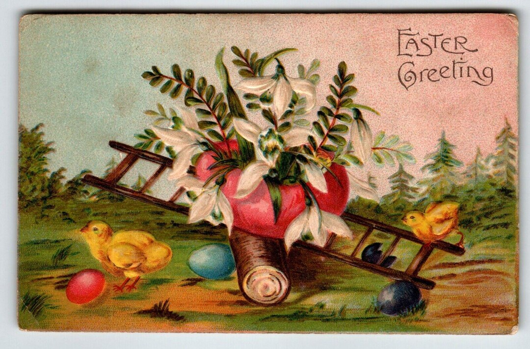 Easter Postcard Baby Chicks Move Flower Arrangement Fantasy Painted ...