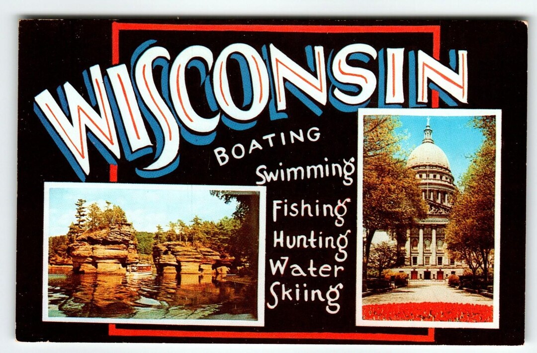 Greetings From Wisconsin Large Letter Postcard Boating Swimming Fishing ...