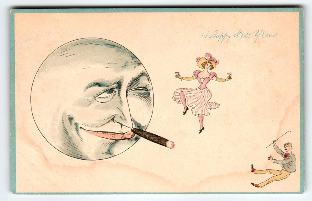 Anthropomorphic Smoking Cigar Moon Man Dancing Girl Fantasy Postcard ...