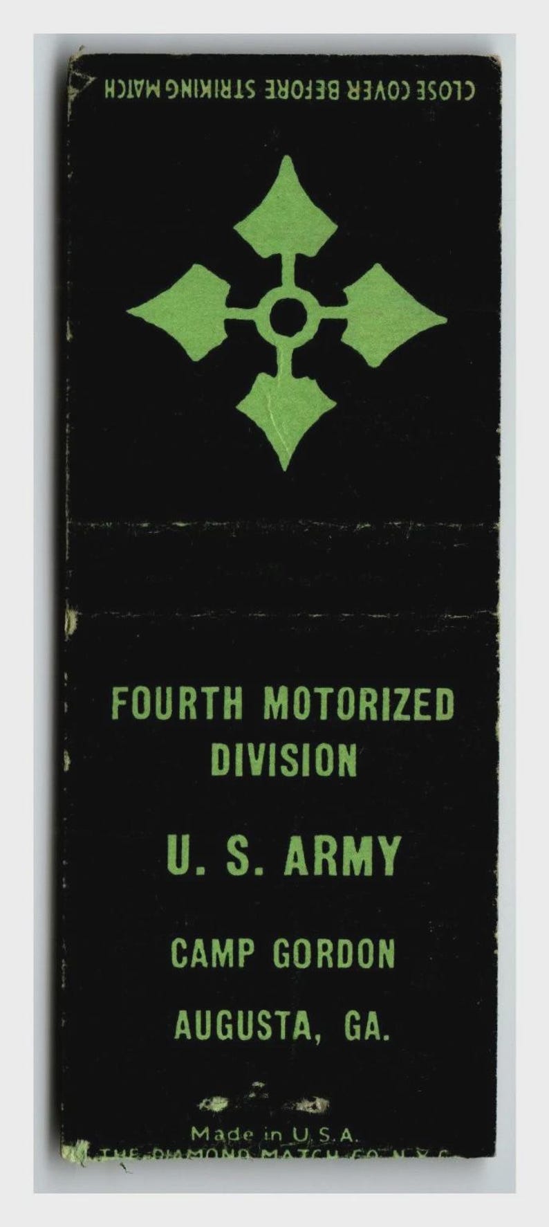 U.S. Army Fourth Motorized Division Camp Gordon Matchbook Vintage ...