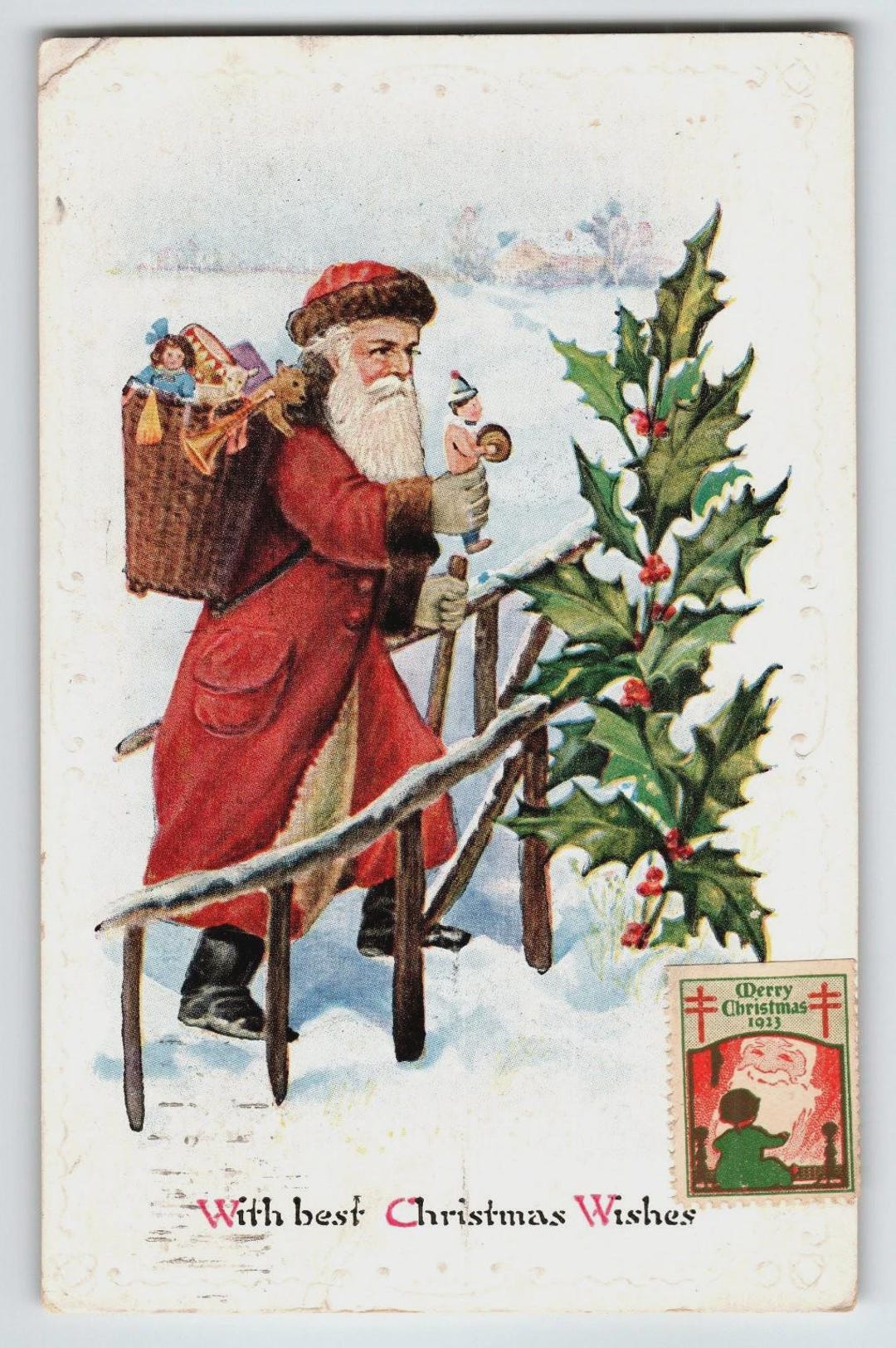 Vintage 1923 Santa Claus Christmas Postcard With Toys & Holly With ...