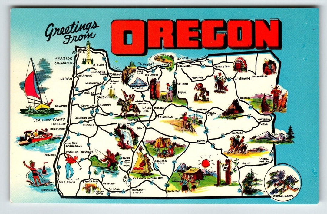 Postcard Greetings From Oregon Map Chrome State Flower Grape Boat ...