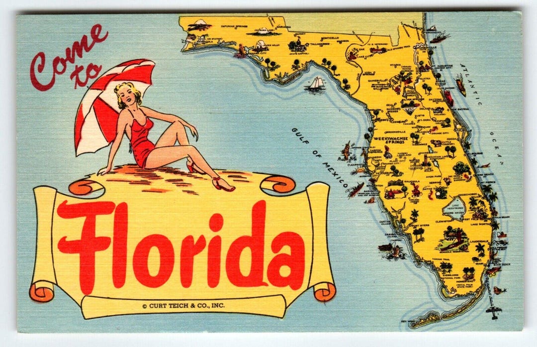 Greetings From Florida Map Postcard Swim Suit Beach Girl Linen Curt ...