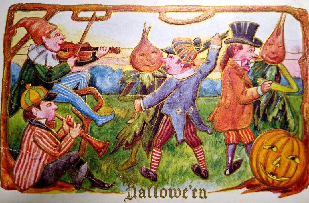 Halloween Postcard Anthropomorphic Vegetable Goblin Gnome Fiddle Horn ...