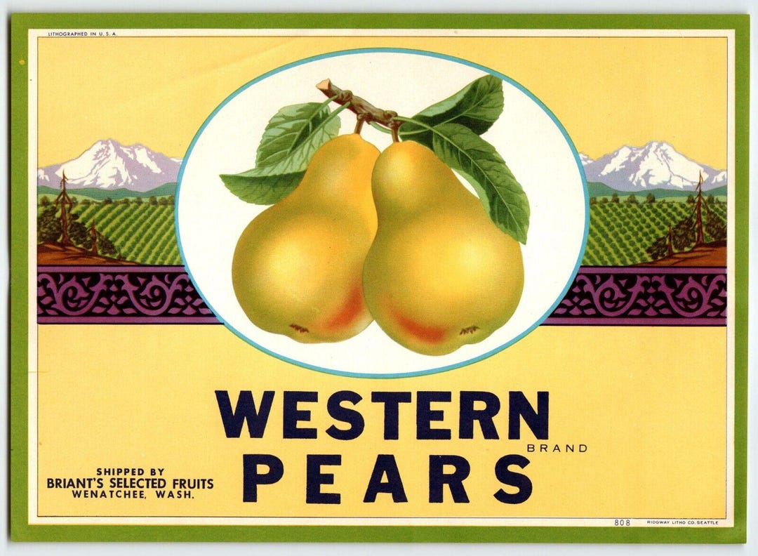 Western Pears Vintage Fruit Crate Label Wenatchee Washington 1940s ...