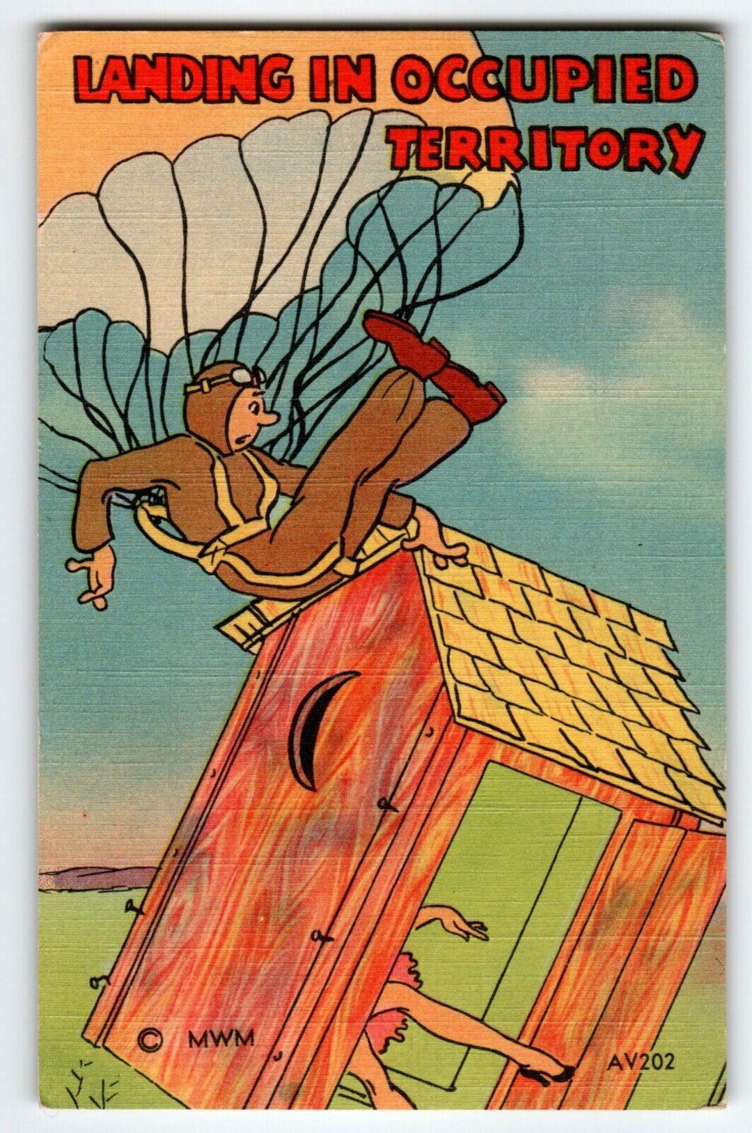 US Military Army Man Paratrooper Lands on Outhouse 1940's War Linen WW2 ...
