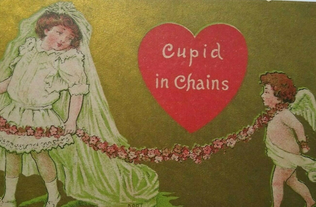 Valentines Postcard Cupid Angel in Chains Vintage Original Girl in ...