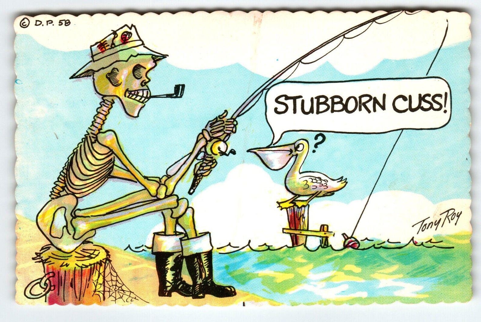 Fishing Postcard Skeleton With Pole Wearing Boots Pelican Tony Roy ...