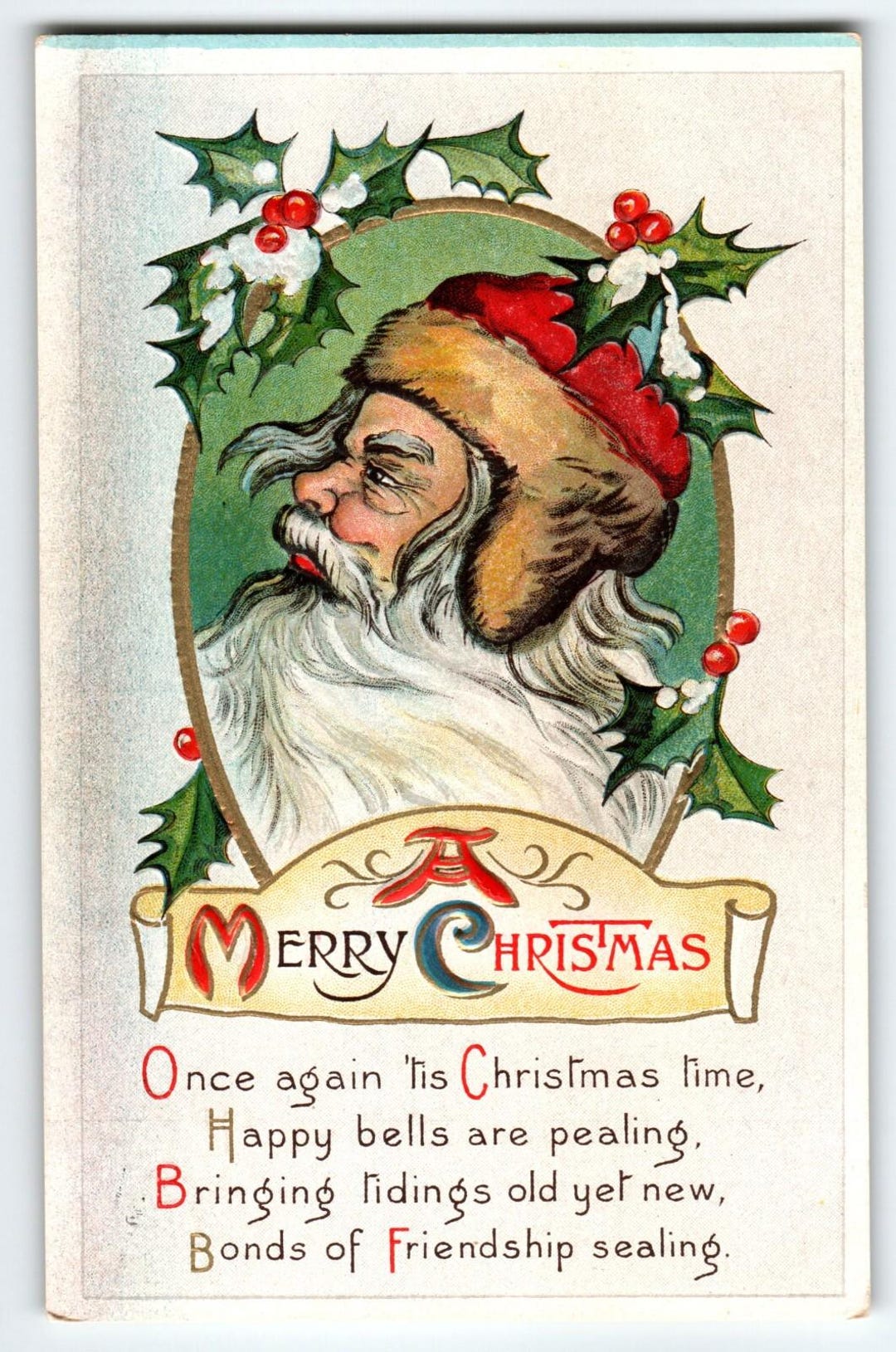Vintage 1912 Santa Claus Christmas Postcard – Embossed Holly & Poem ...