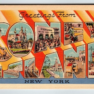 Greetings From Coney Island New York Large Letter Linen Postcard Unused ...
