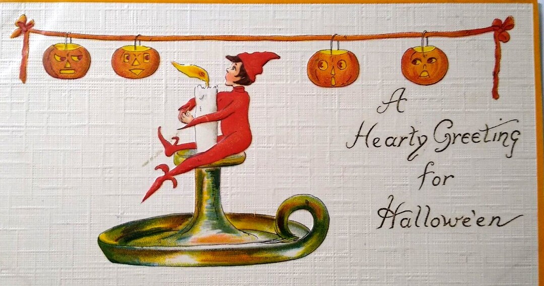 Halloween Postcard Pixie Elf Hanging on Candle Leubrie Elkus 7018 ...