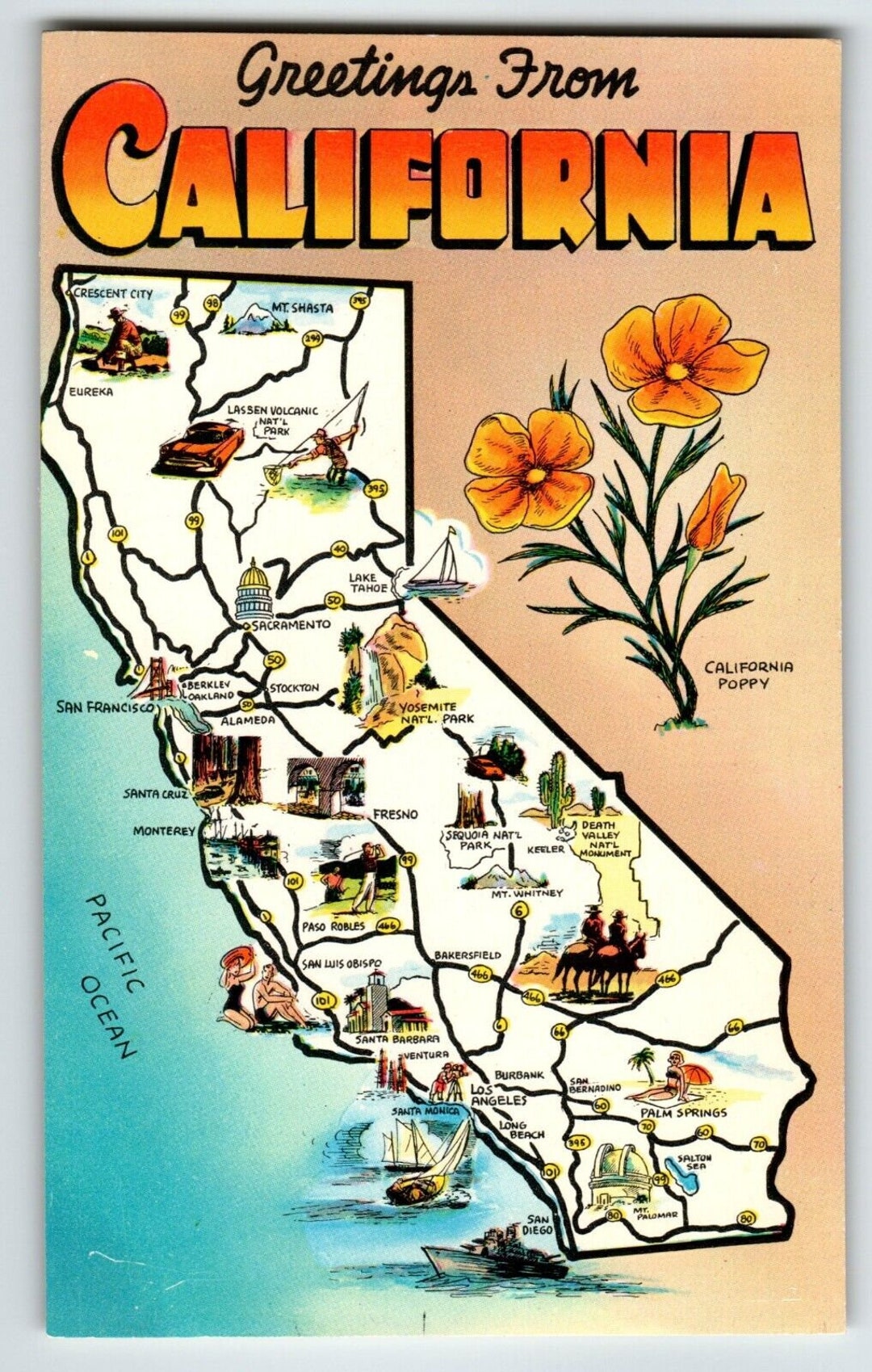 Postcard Greetings From California Map Chrome Unposted Poppy Flower ...