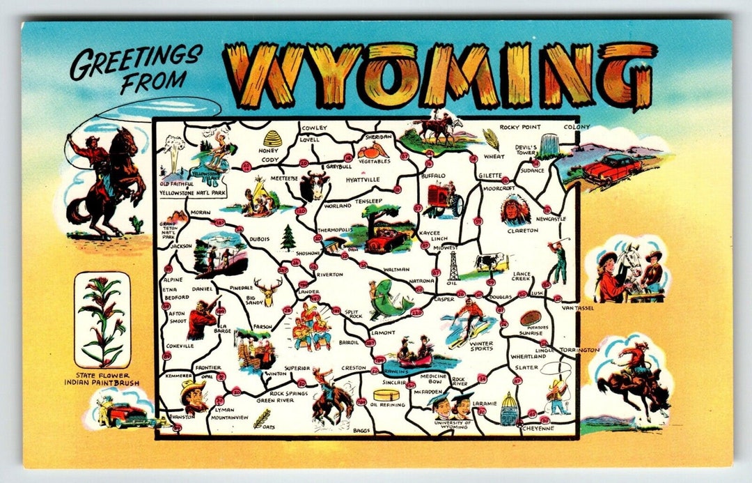 Postcard Greetings From Wyoming Map Chrome State Cowboy Horses - Etsy