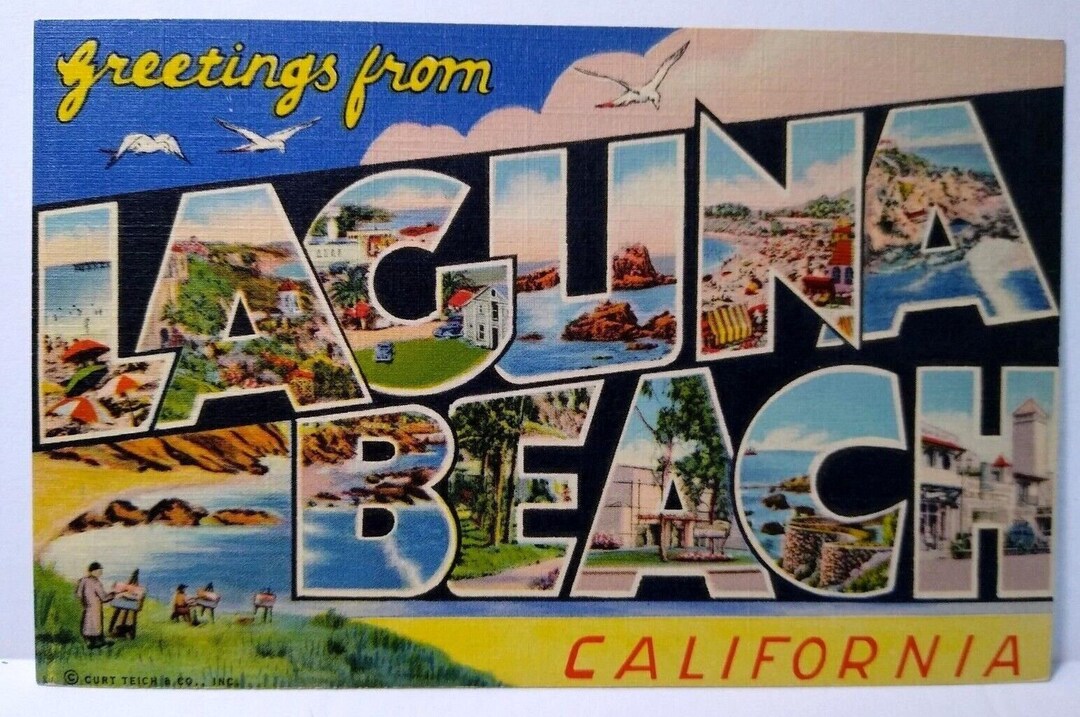 Greetings From Laguna Beach California Large Letter Linen Postcard Curt ...