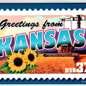Greetings From Kansas Large Letter Chrome Postcard USPS 2001 Sunflowers ...