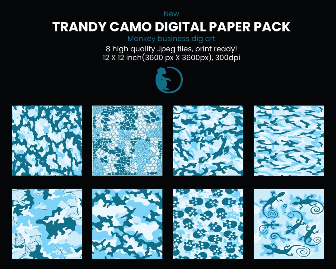 Light Blue Camo Digital Paper Pack, Seamless Camouflage Patterns, Jpeg ...