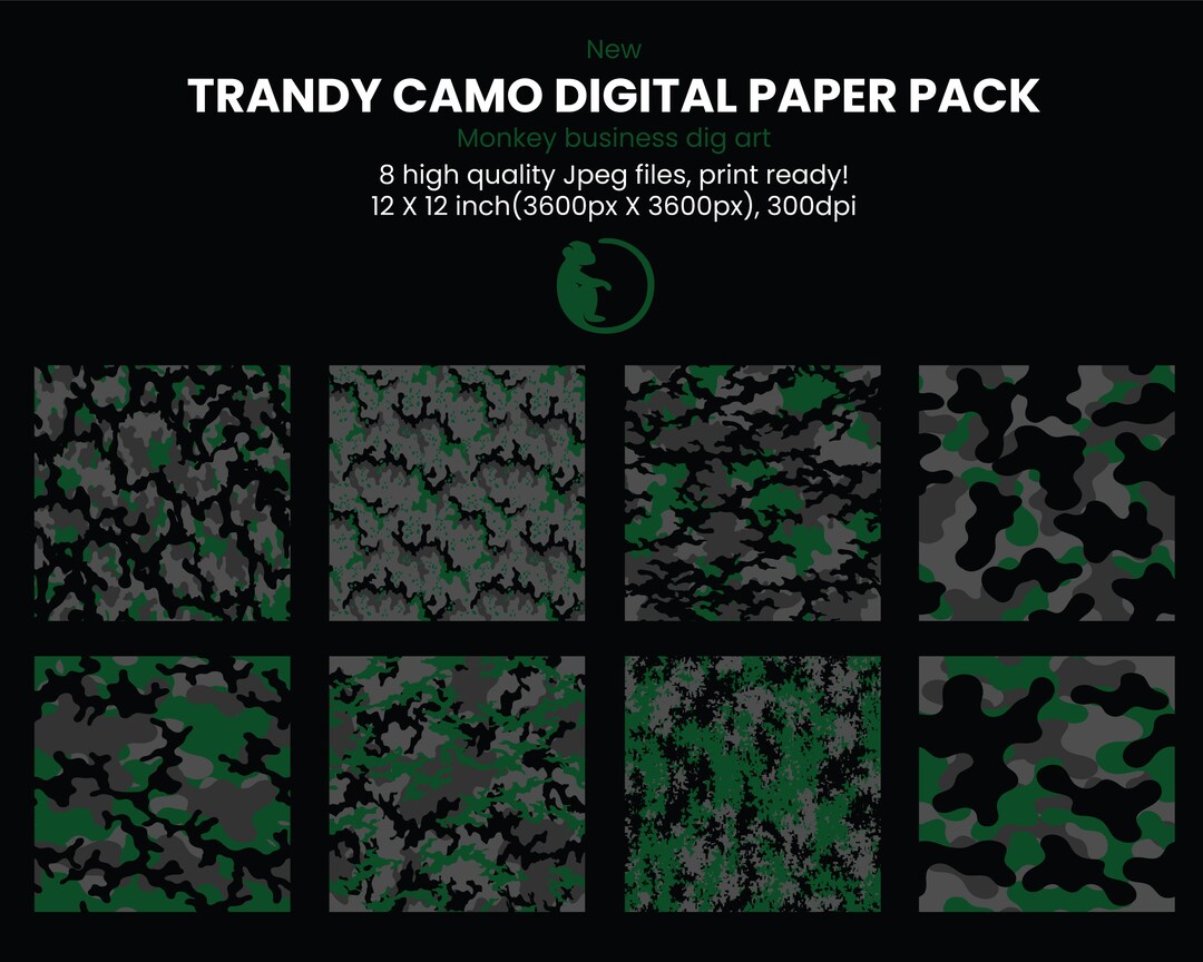 Green and Gray Camo Digital Paper Pack, Seamless Patterns, Camouflage ...