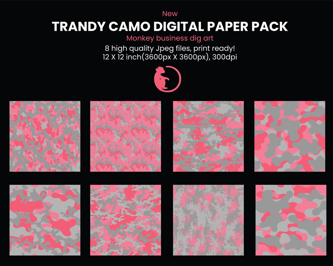 Pink and Gray Camo Digital Paper Pack, Seamless Camo Wallpapers ...