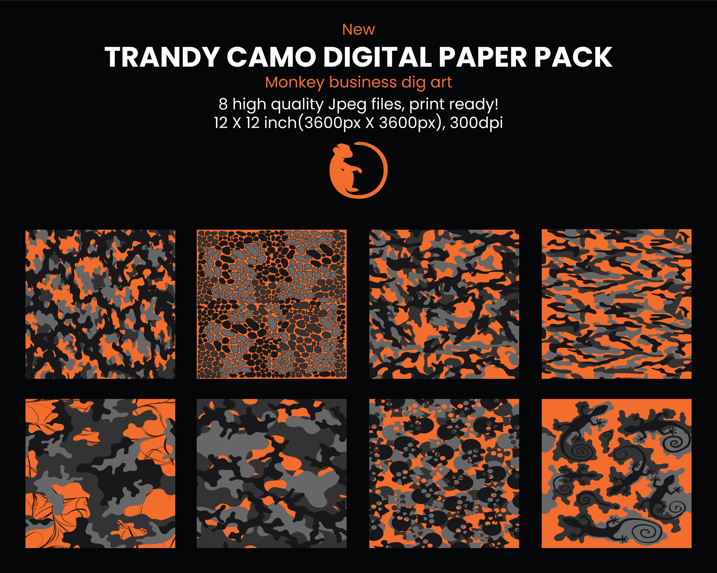 Orange and Gray Camo Digital Paper Pack, Camouflage Wallpapers, 12 X ...