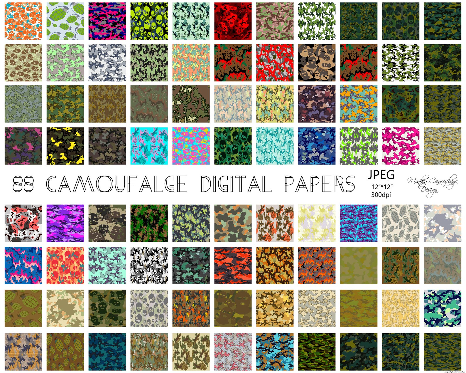 88 Camo Colorful Digital Papers, Jpg Files Camouflage Print,seamless ...