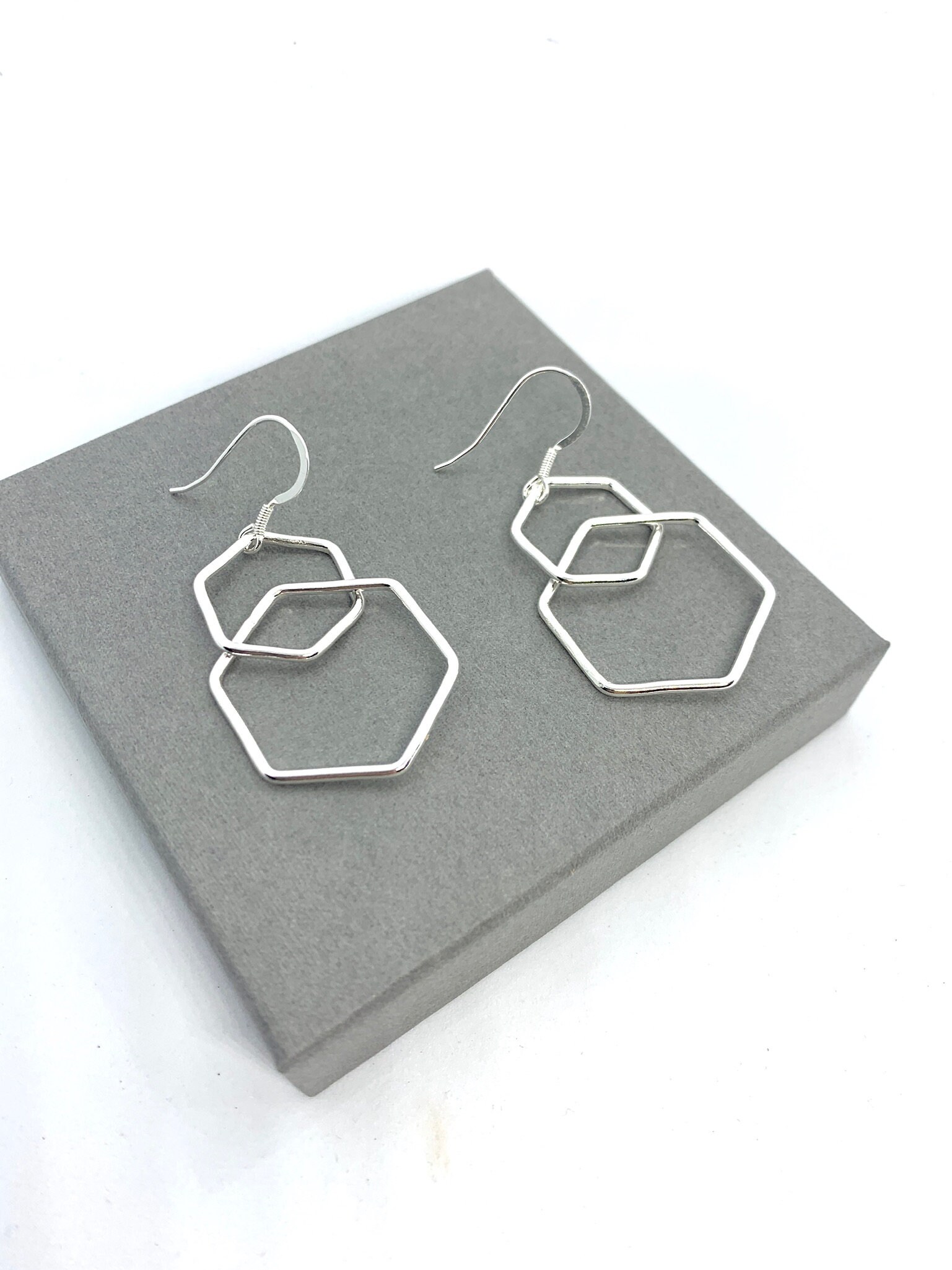 Silver Hexagon Earrings Hexagonal Earrings Large Geometric | Etsy