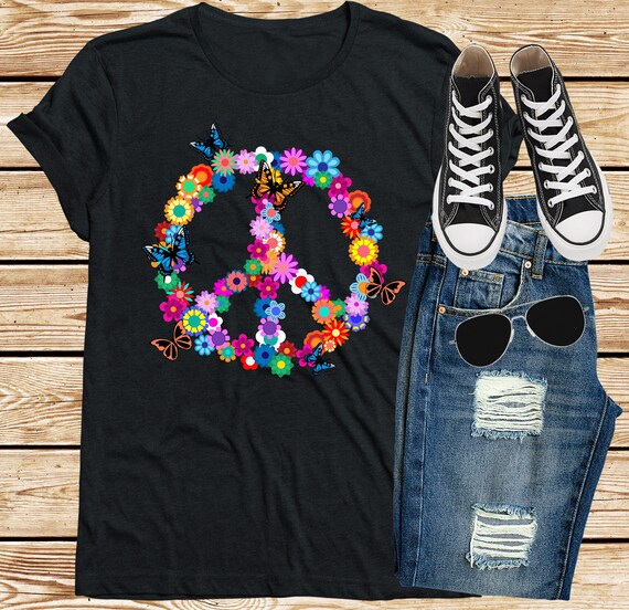 Peace Sign Flowers T-Shirt Butterflies Hippie Peace T Shirts | Etsy