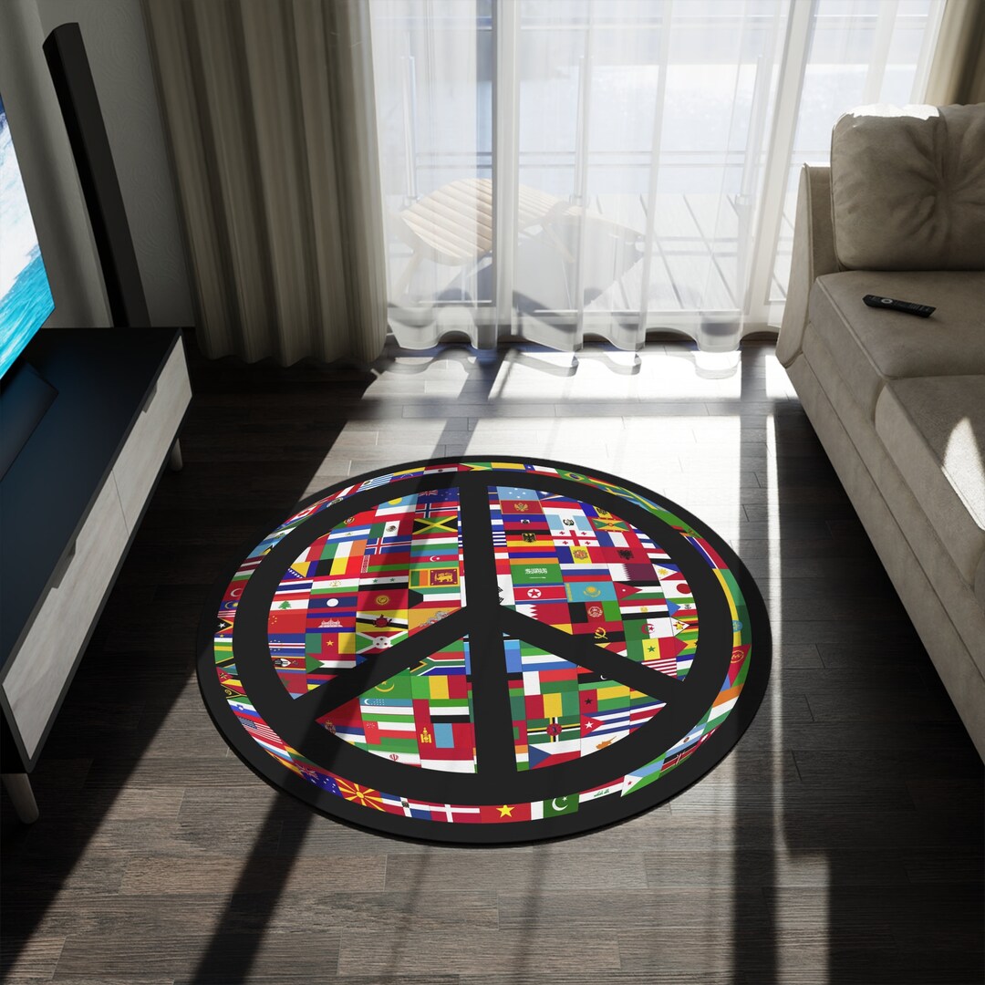 World Peace Round Rug 5ft / Hippie Circle Floor Mat / Peace Sign Rug ...