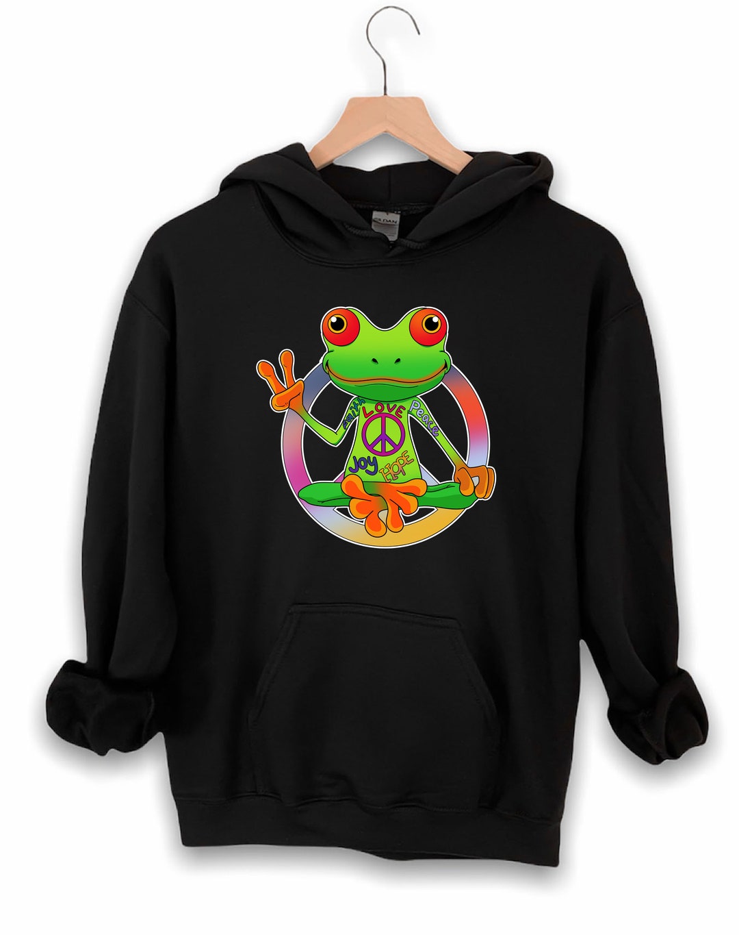 Hippie Frog Peace Sign Hoodie, Yoga Frogs Hooded Sweatshirt, Hippies ...