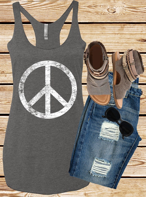 Women's White Distressed Peace Sign Vintage Top Hippie | Etsy