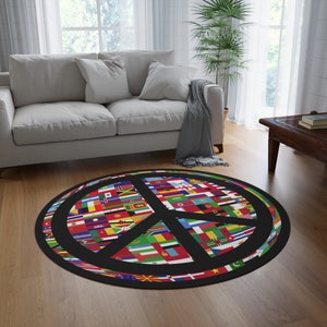 World Peace Round Rug 5ft / Hippie Circle Floor Mat / Peace Sign Rug ...
