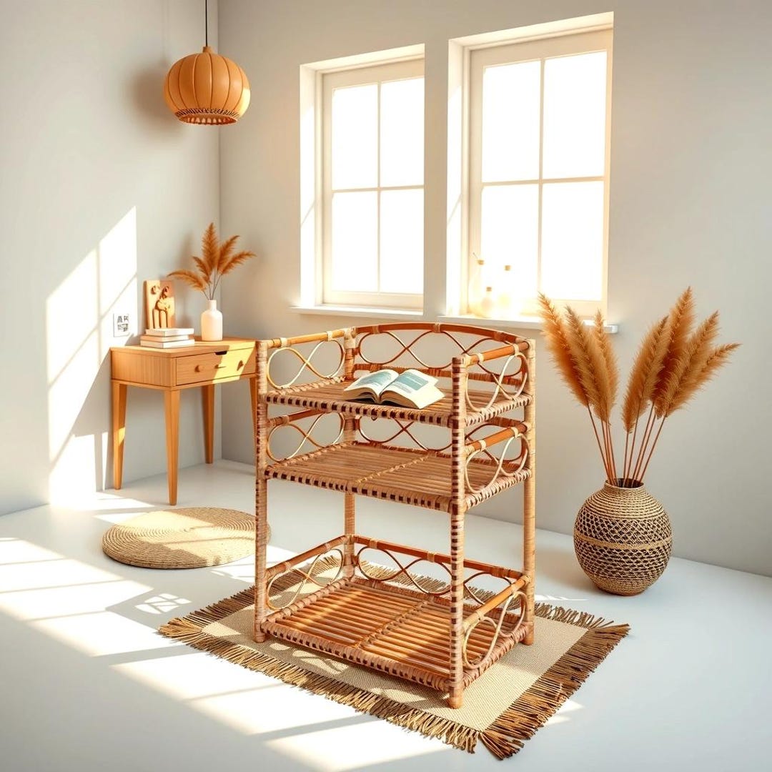 26” Tall Side Table, Bedside Table, End Table, Wicker Shelf, Rattan ...