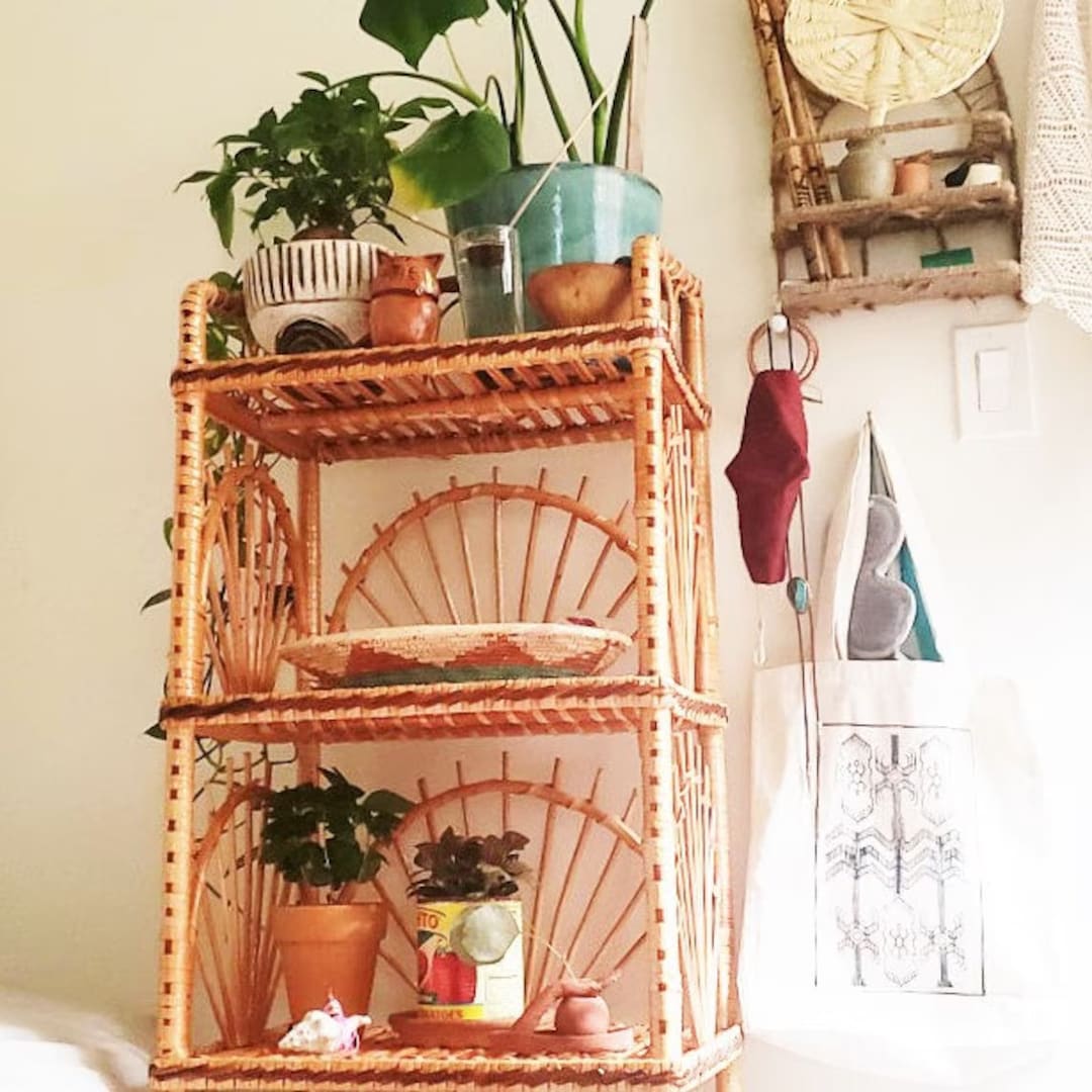 50” Tall Handmade Rattan Shelf, Wicker Shelf, Planter, Arch Bookcase ...