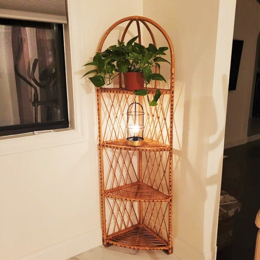 60/72 Inch Tall Corner Rattan Shelf Wicker Shelf Corner Planter Arched ...
