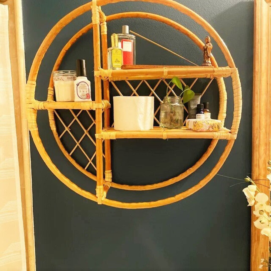 24" Round Rattan Shelf, Wicker Shelf, Round Shelf, Planter, Bookcase ...