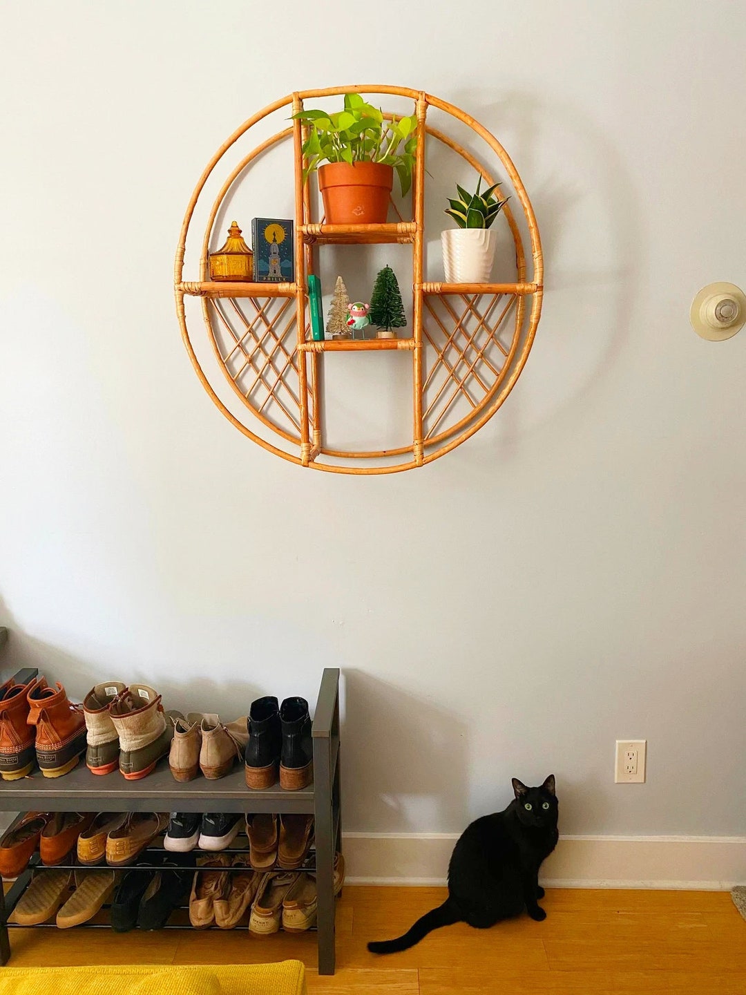 32" Round Rattan Shelf, Wicker Shelf, Round Shelf, Planter, Bookcase ...