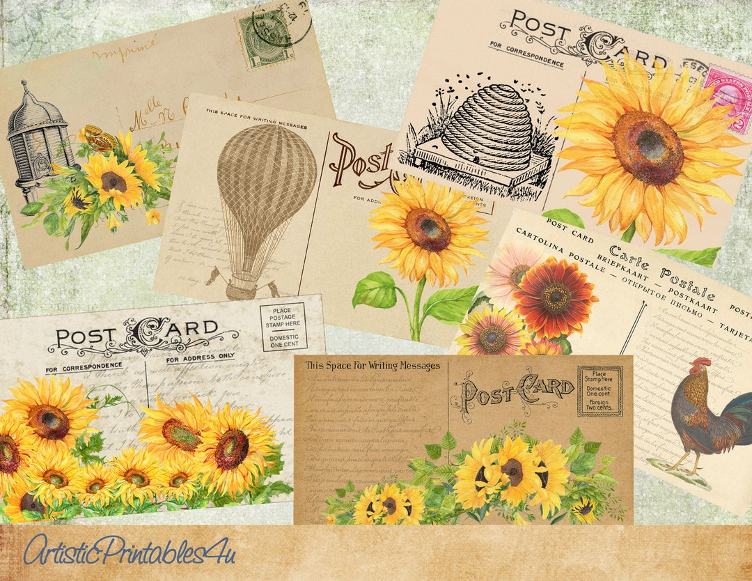 9 Printable Sunflower Postcards, 3 Large Ones Are 4"x6" and 6 Smaller ...