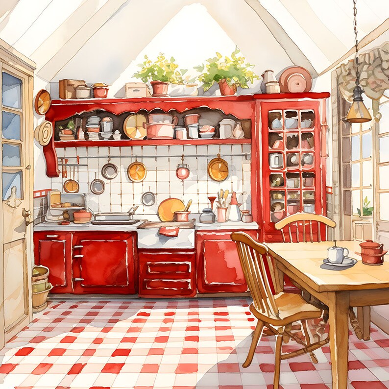 Red Country Kitchen Clipart Bundle, 10 Vintage Watercolor Images ...