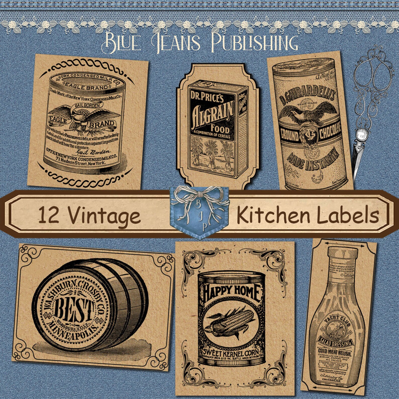 12 Printable Farmhouse Labels, 3 Sizes, Digital Country Kitchen Labels ...