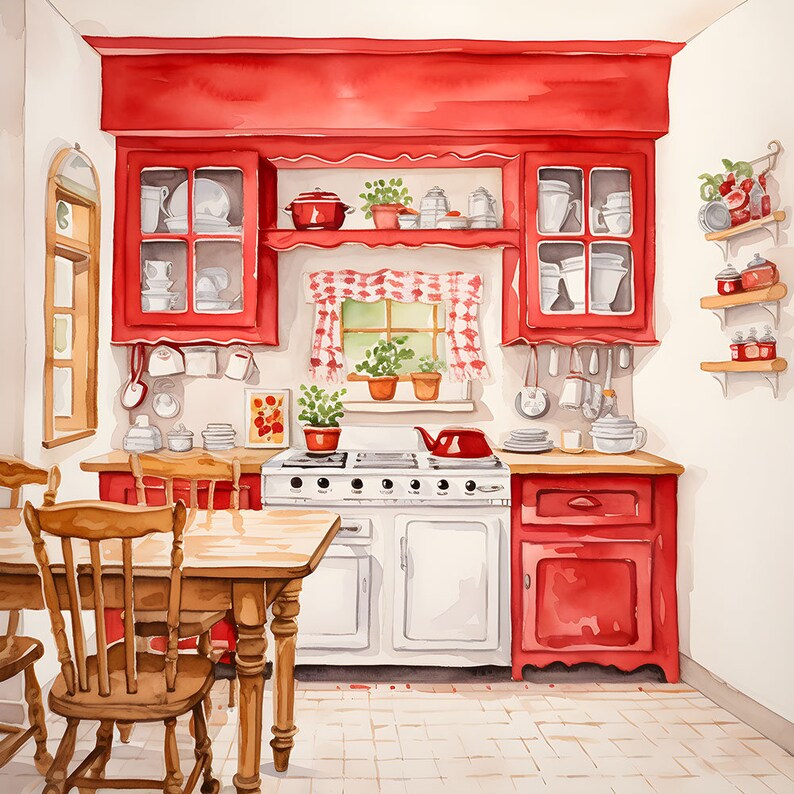 Red Country Kitchen Clipart Bundle, 10 Vintage Watercolor Images ...