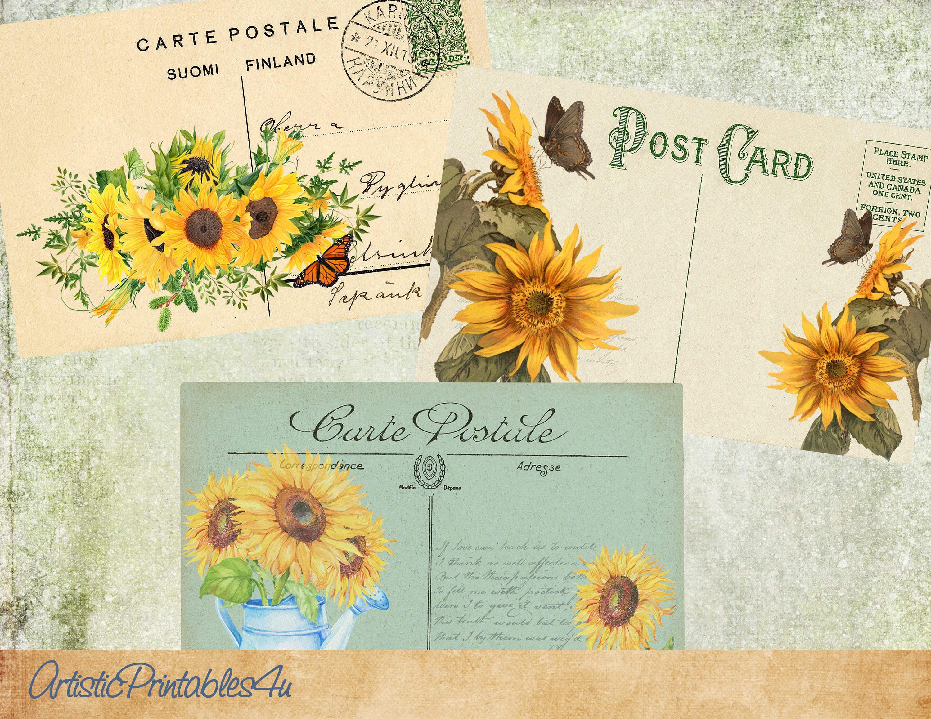 9 Printable Sunflower Postcards, 3 Large Ones Are 4x6 and 6 Smaller ...