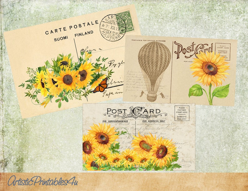 Printable Sunflower Postcards: Vintage Ephemera (digital Download ...