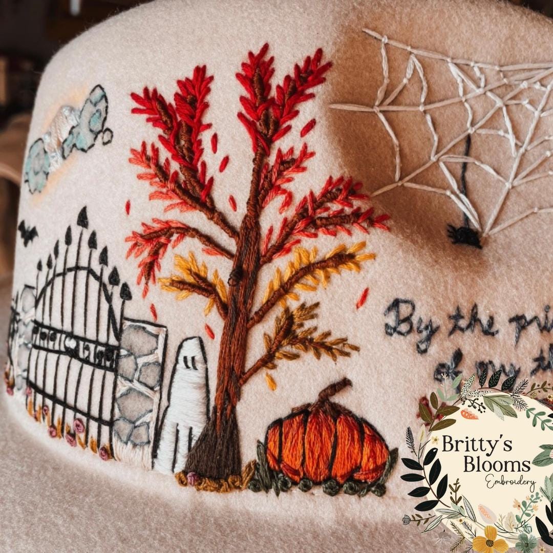 Hand Embroidered Halloween Fedora, Spooky Hat, Pumpkin and Ghost ...
