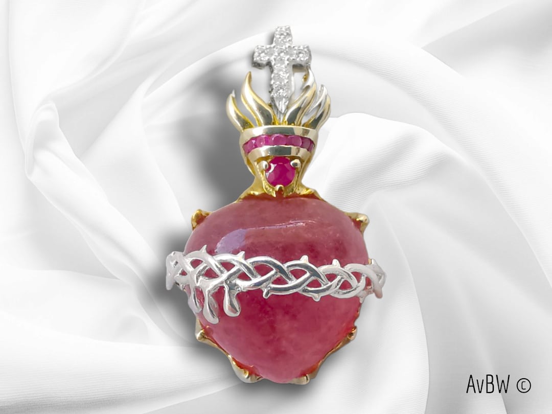 Sacred Heart of Jesus Pendant, Strawberry Quartz, Tourmaline, Ruby ...