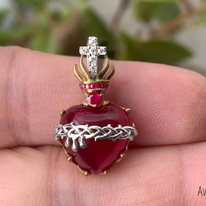 Sacred Heart of Jesus Christ Ruby and Crystal Pendant, Sterling Silver ...