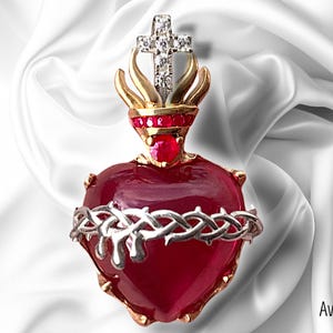 Sacred Heart of Jesus Christ Ruby and Crystal Pendant, Sterling Silver ...